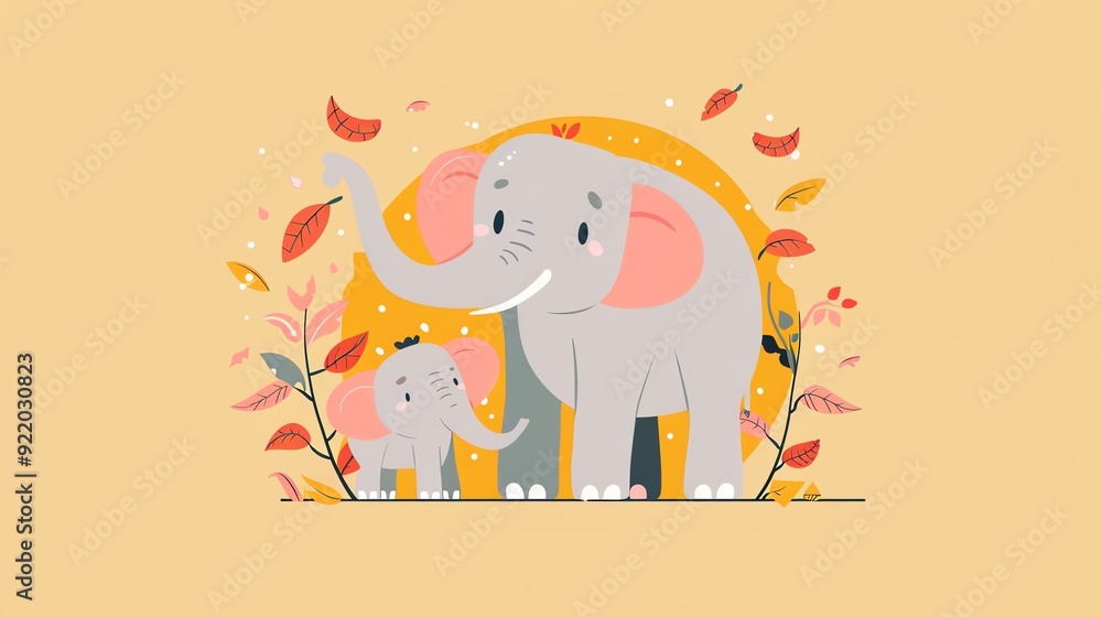 Create a vector illustration of a Asian Elephant with Calf A mother ...
