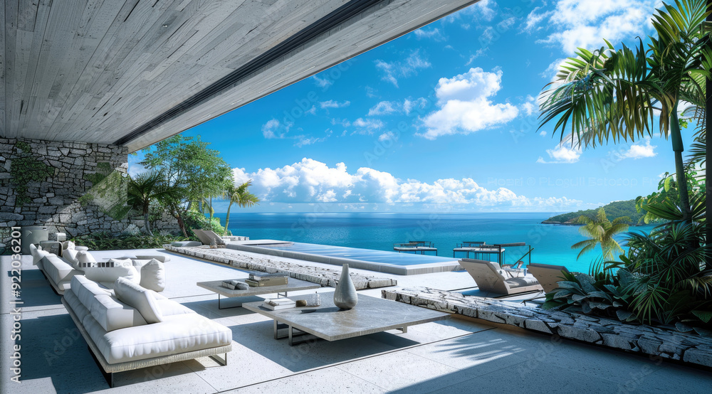 A modern and luxurious terrace with an open pool overlooking the sea ...