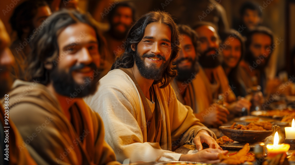 Jesus joyfully laughing with disciples at a table during the Last ...