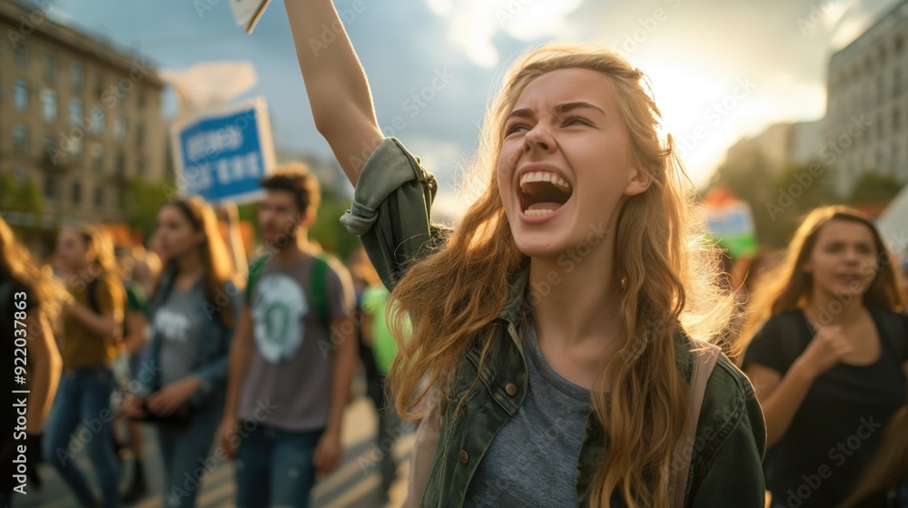 Protest against climate change, young people holding signs and shouting ...
