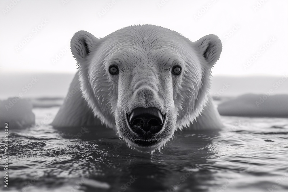 polar bear stranded on a melting ice floe, surrounded by open ocean ...