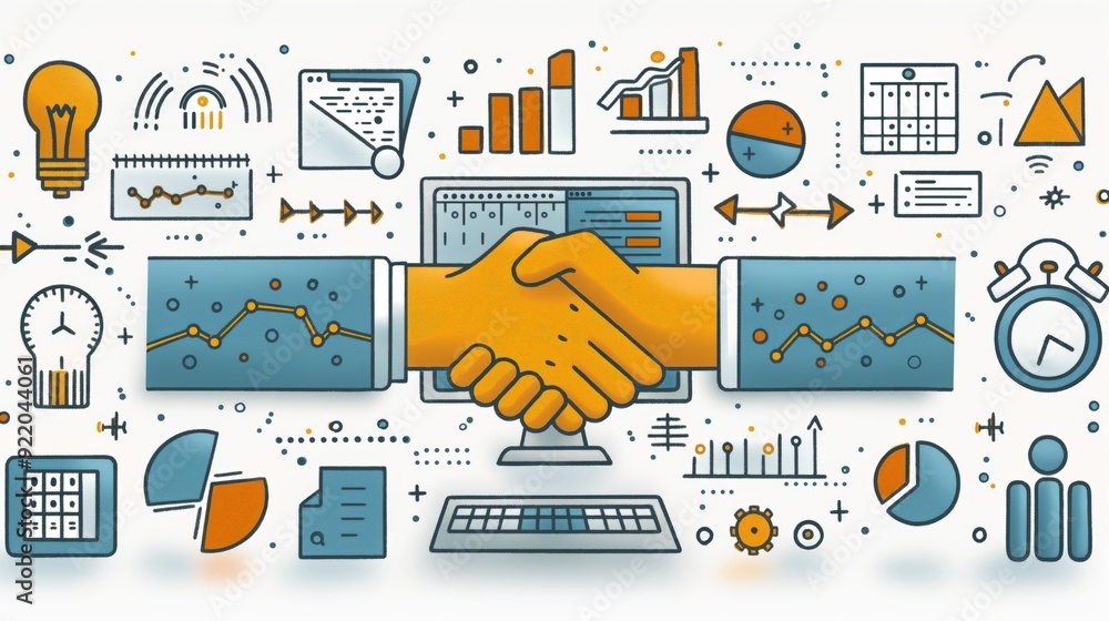 Illustrated Business Partnership Concept with a Handshake Surrounded by ...