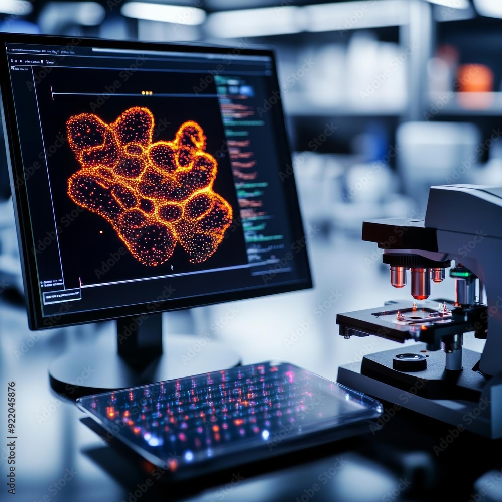 A computer monitor displaying a microscopic image of cells, a ...