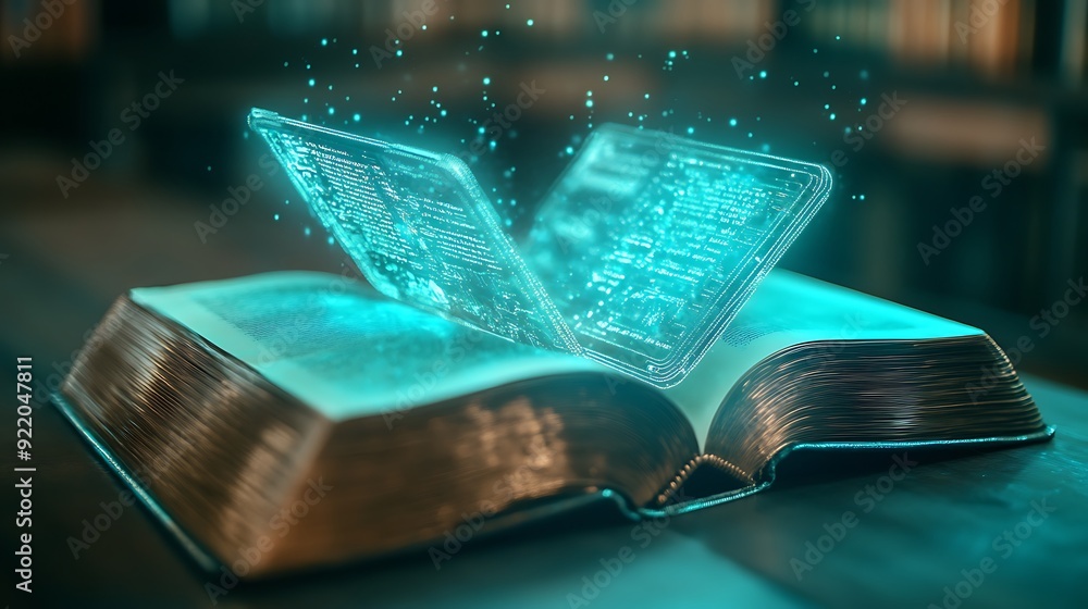 High-tech digital library with interactive holographic books and AI ...
