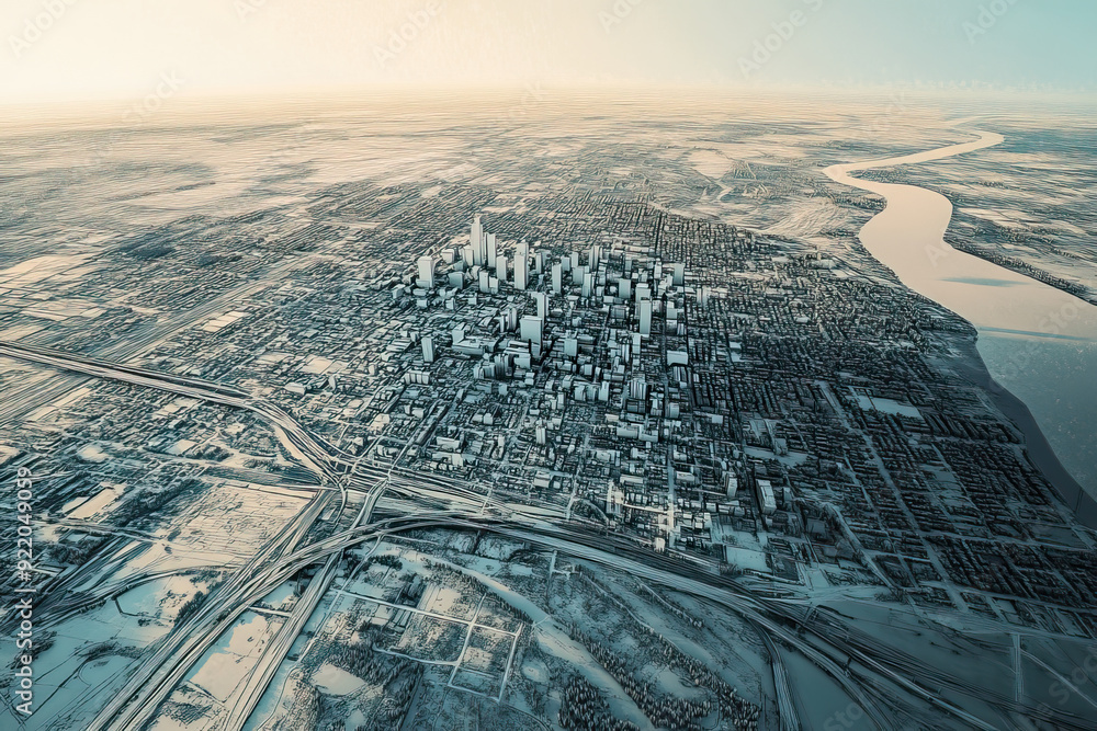 Technical aerial visual, 3D LiDAR GIS aerial map satellite scan model ...