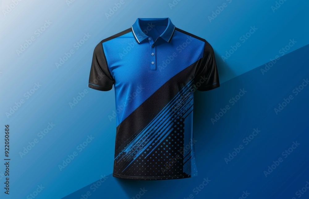 Polo shirt design template, with a blue and black color scheme and ...