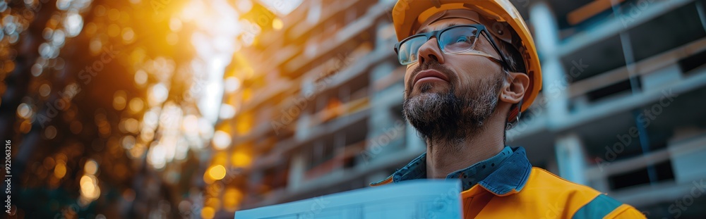 construction worker holding big skyscraper model at construction site ...