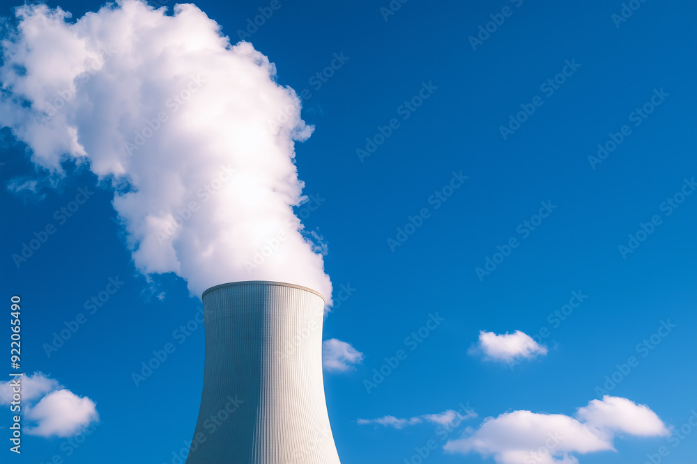 Atomic nuclear reactor or power plant station. Smoke coming from wide ...