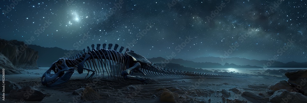 A dinosaur skeleton lies on a beach under a starry night sky ...