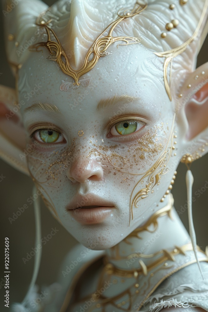 beautiful alien elf with big ears, pastel white skin and gold detail ...