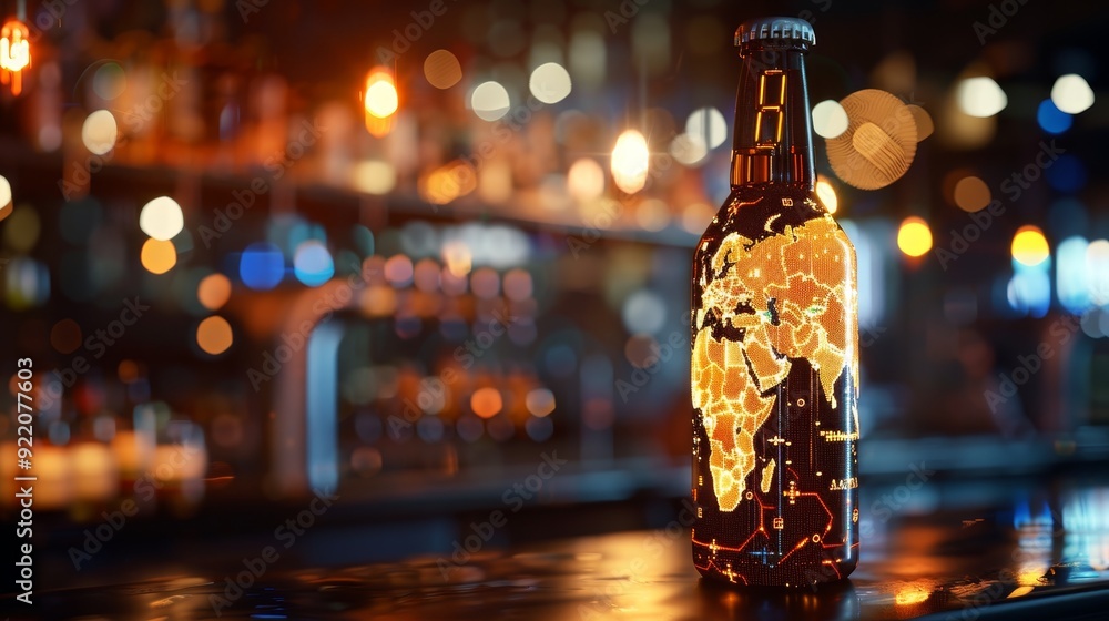 A single beer bottle on a bar counter with a glowing world map design ...
