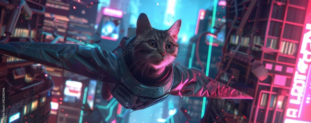 Futuristic scene featuring a cat in a jetpack flying above a neon-lit ...