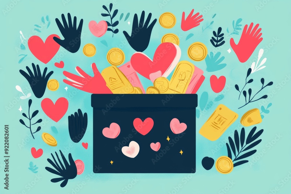 Flat illustration of a donation box surrounded by symbols of kindness ...