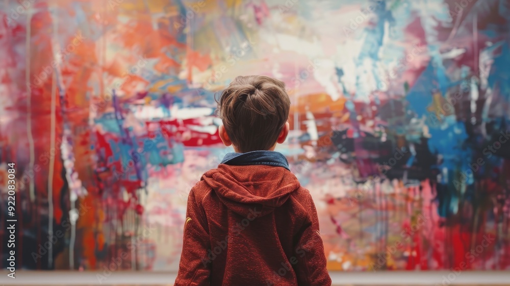 A young boy stands in front of an abstract painting, captivated by the ...