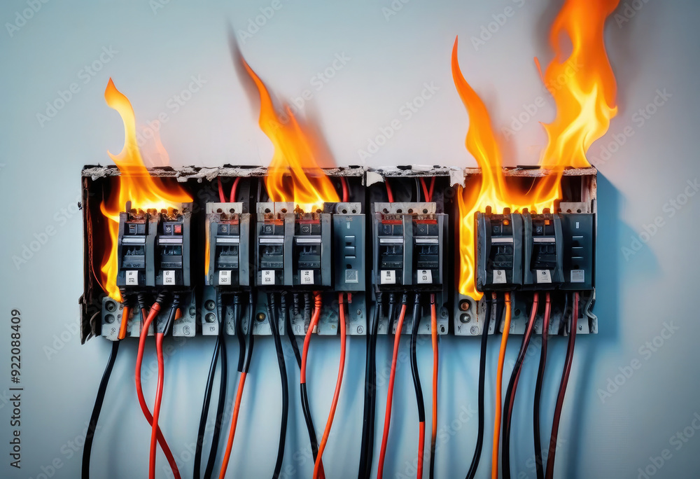 An electric fuse box with multiple circuits dramatically catching fire ...