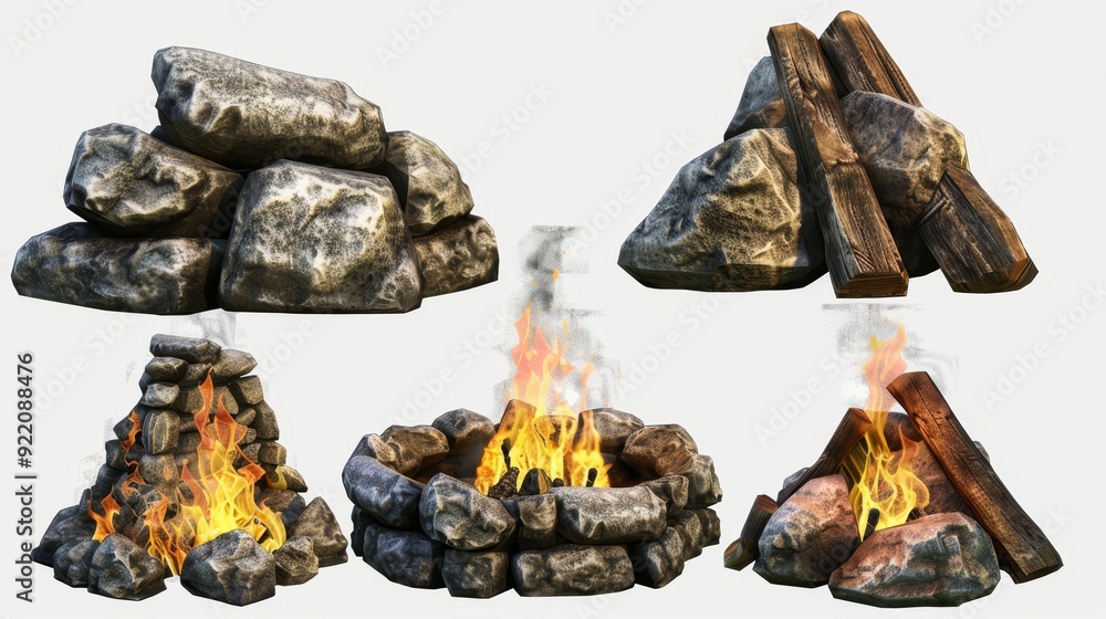 This image showcases a 3D model of a stone campfire, featuring a ...