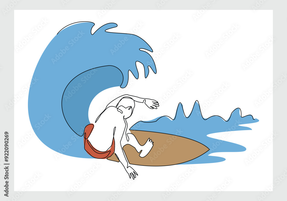 Continuous single line sketch drawing of professional surfing athlete ...