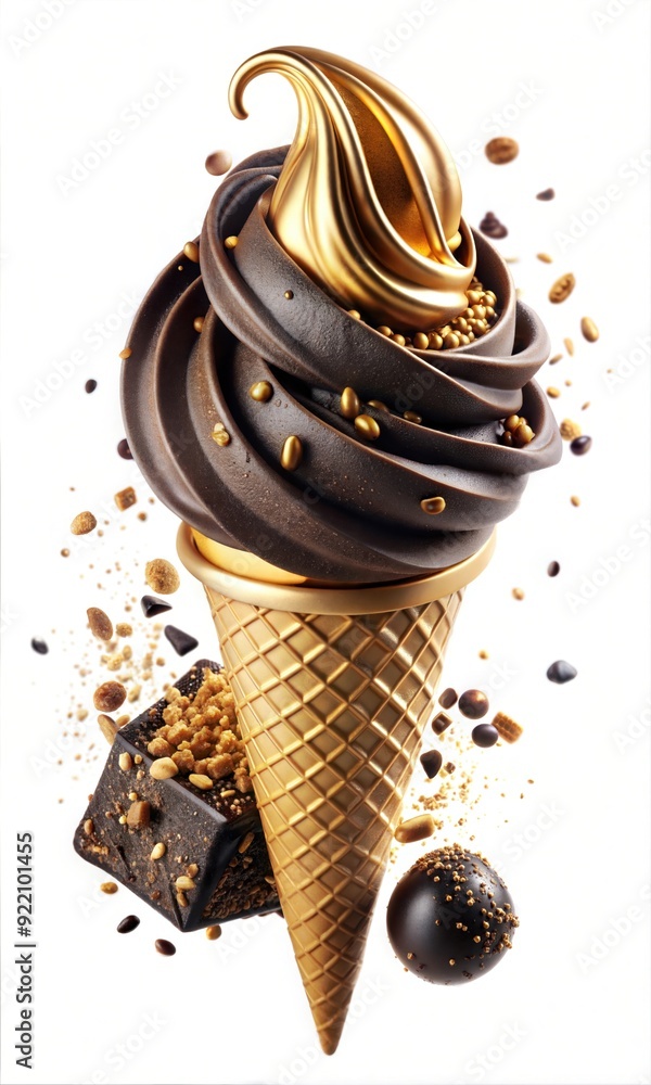 Golden Chocolate Ice Cream Cone with Swirls and Whipped Delights with ...