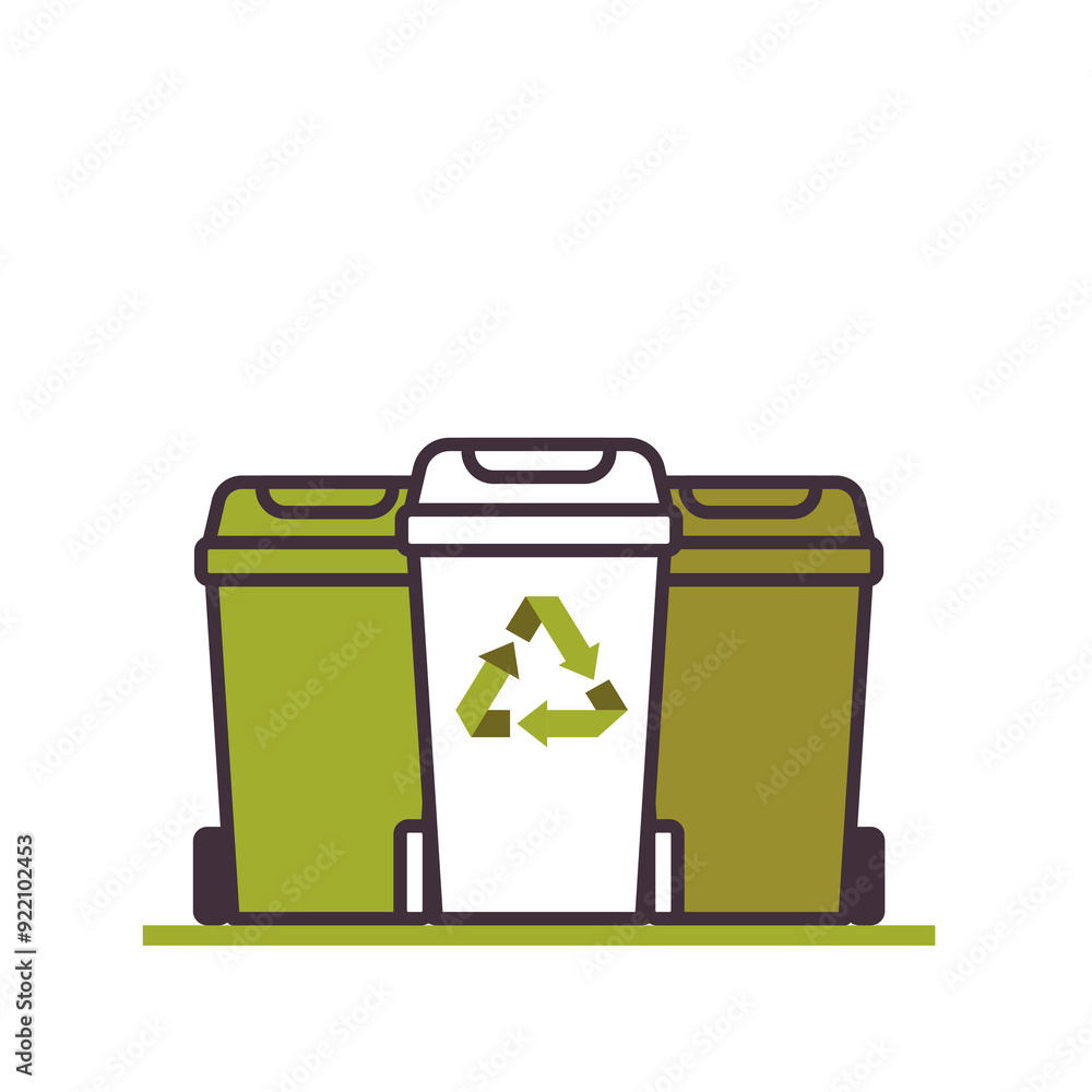 Plastic containers for garbage with green recycling symbol. Waste reuse ...