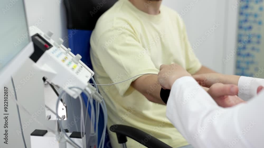 The patient undergoes an electromyography (EMG) test to assess nerve ...