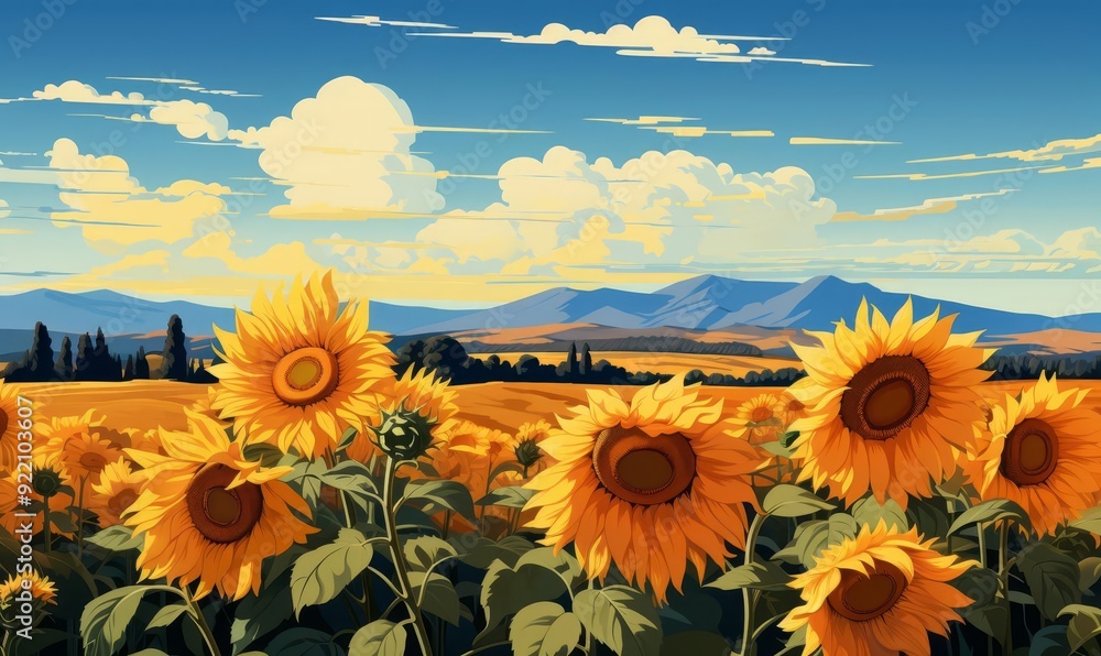 Radiant sunflower field flat design, side view, blooming nature, 3D ...