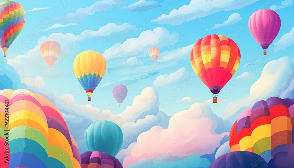 Rainbowcolored hot air balloons flat design, top view, festival scene ...