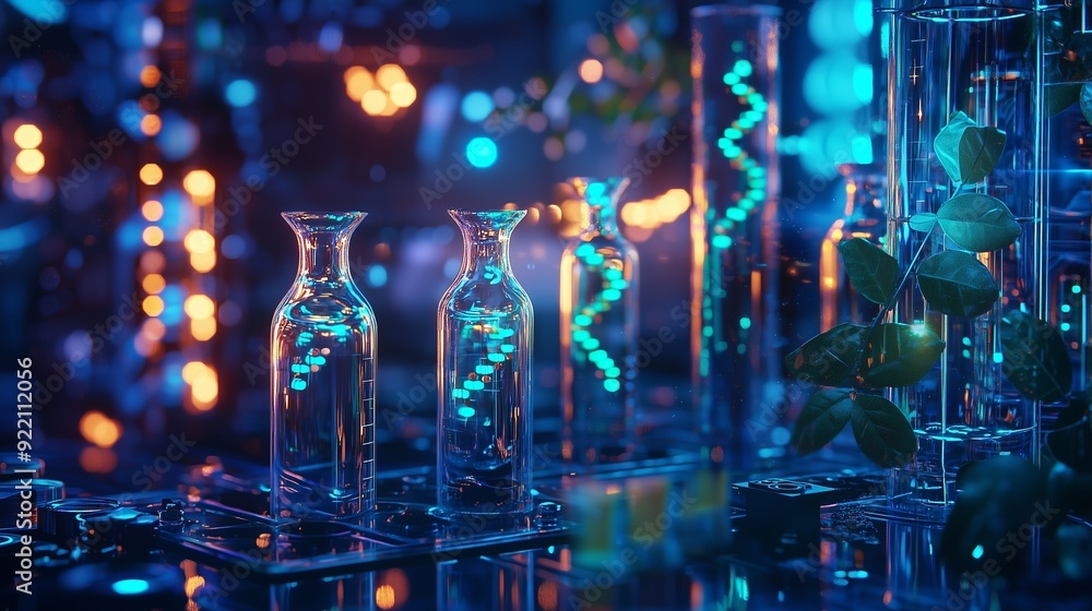 Biotechnology lab with dna helix in glass containers, representing ...