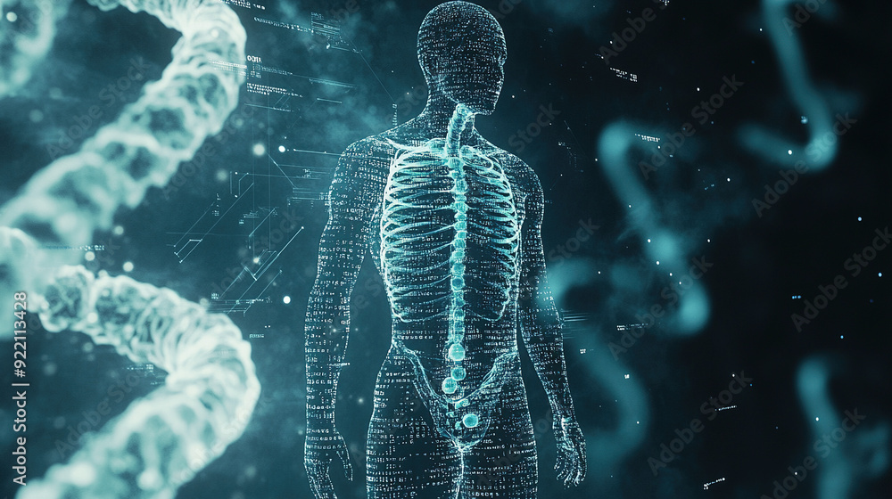 Futuristic depiction of the human genome with digital code overlaid on ...