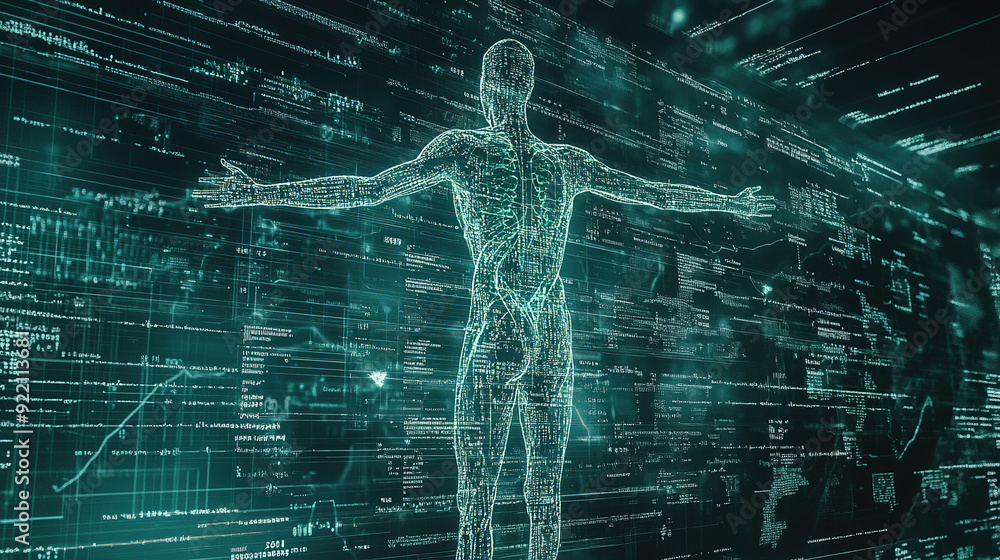 Futuristic depiction of the human genome with digital code overlaid on ...