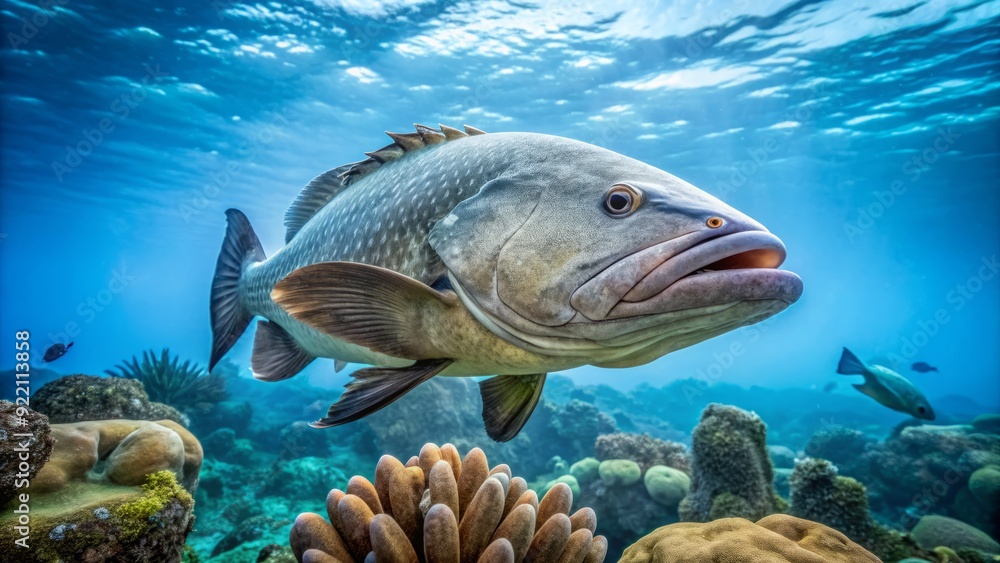A large gray grouper fish swims horizontally across the frame, its fins ...