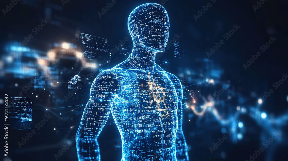 Futuristic depiction of the human genome with digital code overlaid on ...