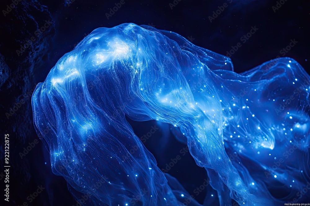 Bioluminescent sea creatures create a glowing spectacle in a dark ocean ...
