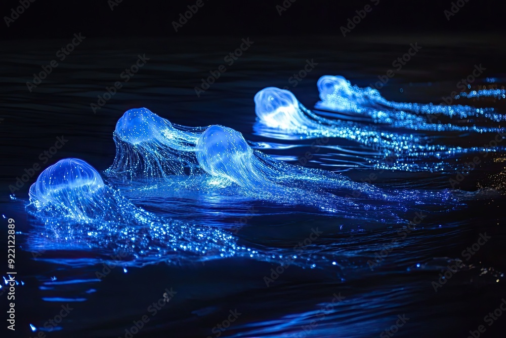 Bioluminescent sea creatures create a glowing spectacle in a dark ocean ...