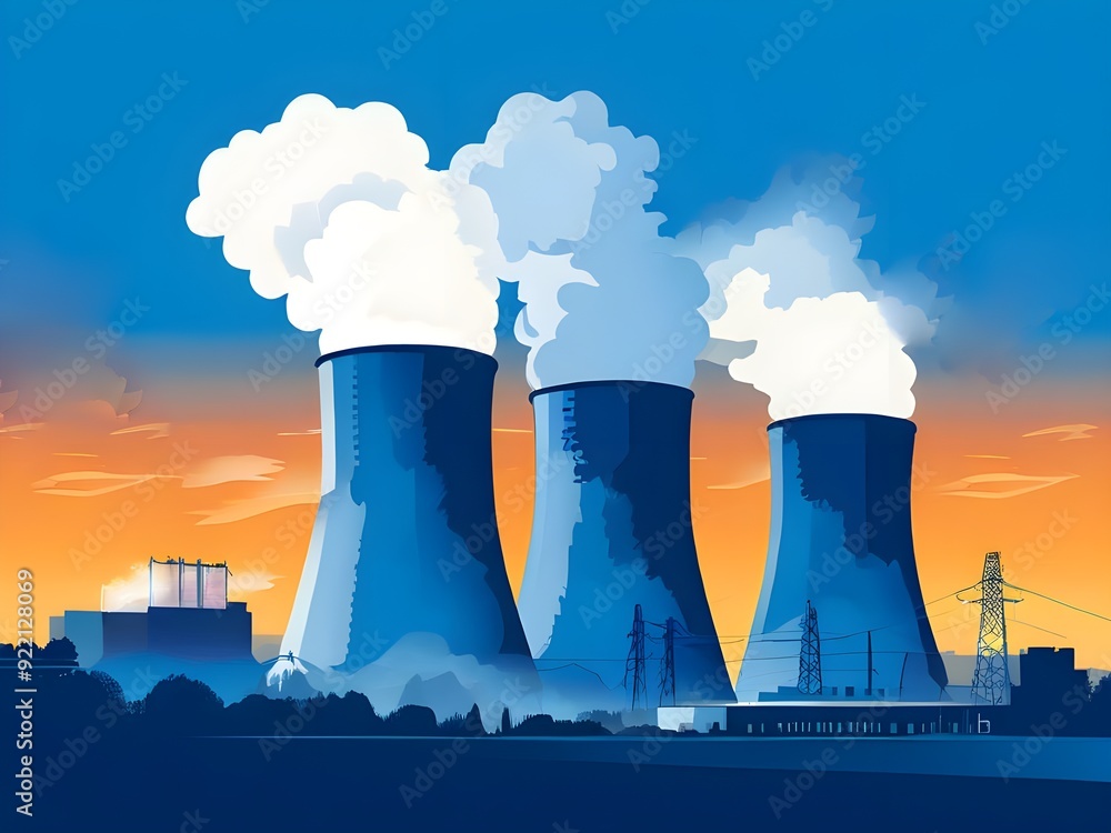 Illustration of cooling towers emitting smoke carbon greenhouse gases ...