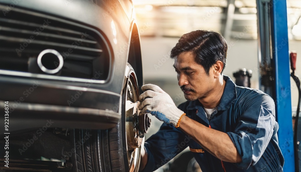 Asian male car technician car maintenance for customers according to ...