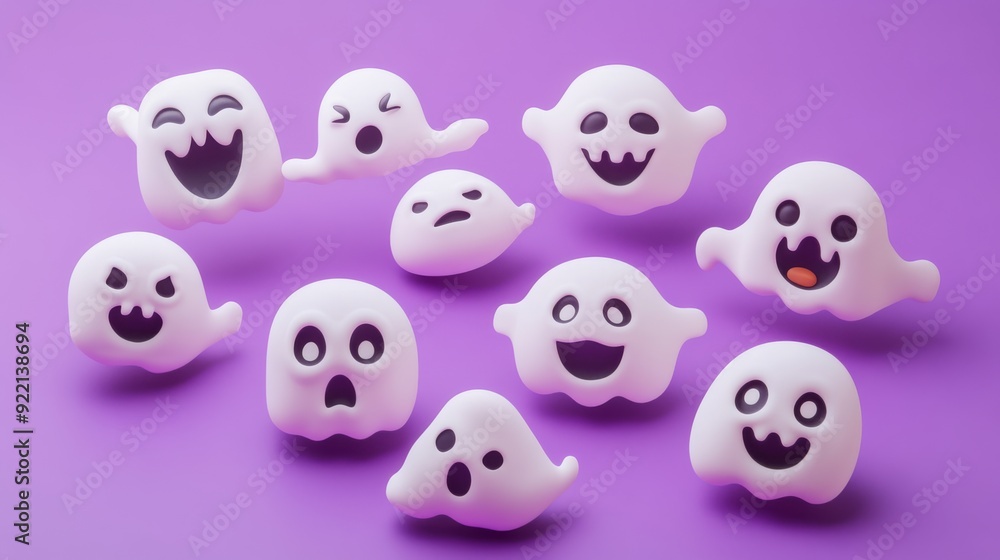 Ghost-themed smiley faces floating on a spooky purple background, each ...