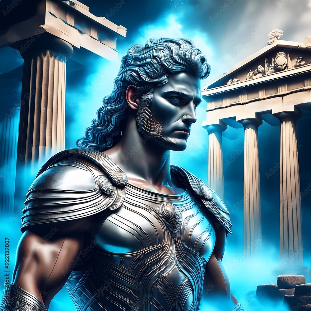 Dios griego con armadura de plata y el Partenón de Atenas de fondo ...