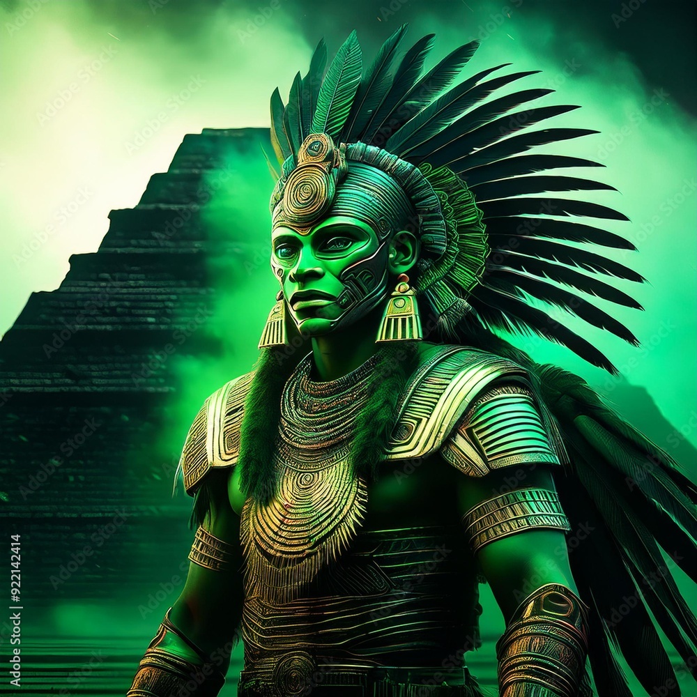 Dios azteca con la pirámide de Teotihuacán de fondo Stock Illustration | Adobe Stock