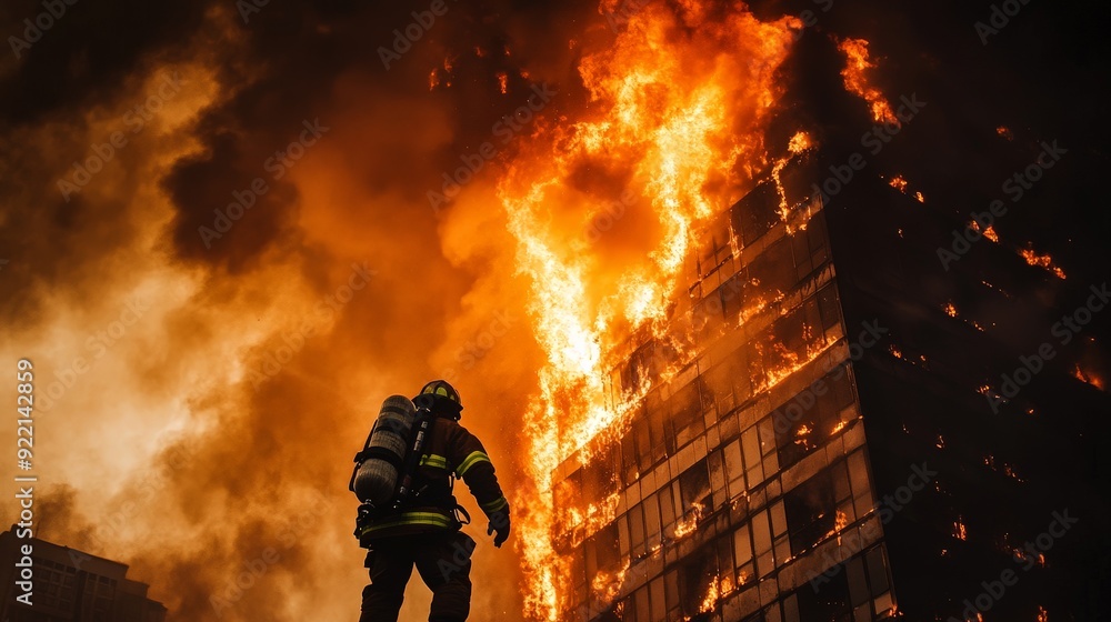 A dramatic view of a firefighter battling a raging fire in a high-rise ...