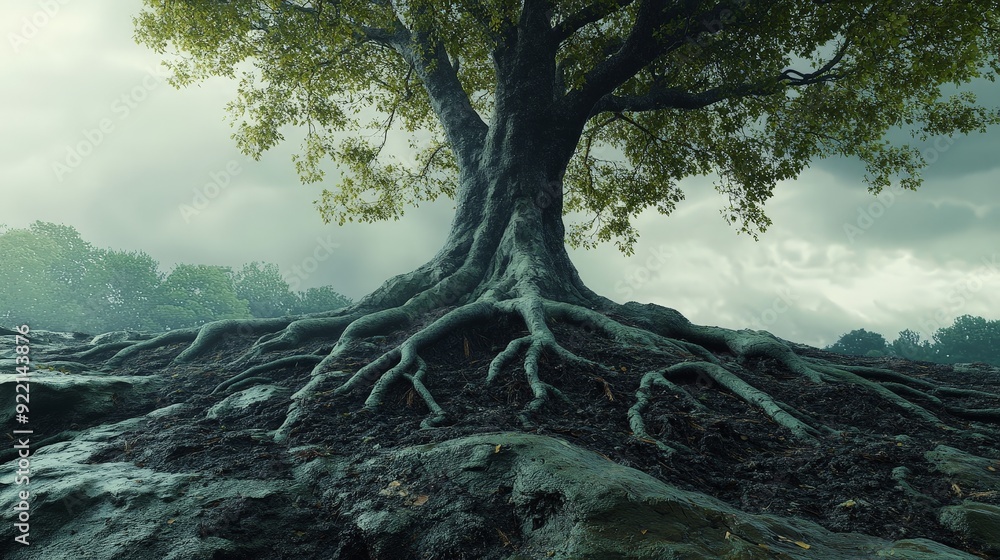 A dramatic view of a tree with roots exposed after a heavy rainstorm ...