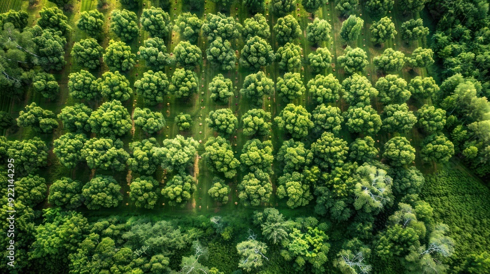 Aerial view of a lush green forest, showing a canopy of trees with ...