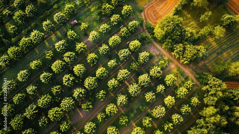 Aerial view of an orchard with organized rows of trees casting shadows ...