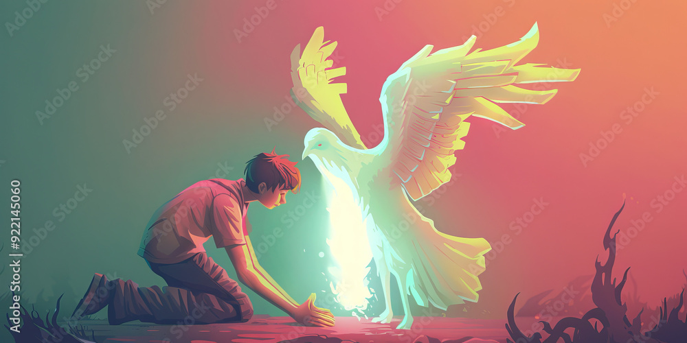 Pentecost concept art. Glowing white dove of the holy spirit descending ...