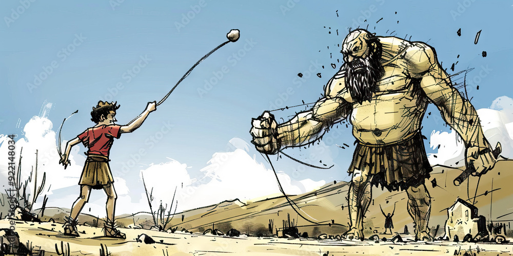 David and Goliath. Bible story of young Shepherd boy defeating a giant ...
