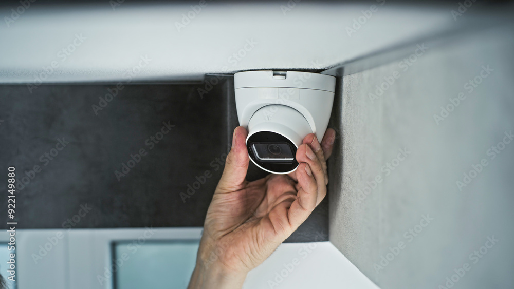 Professional male installer screws CCTV camera to the ceiling in office ...