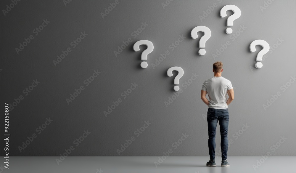 Man Thinking with Question Marks on Grey Background, White Question ...