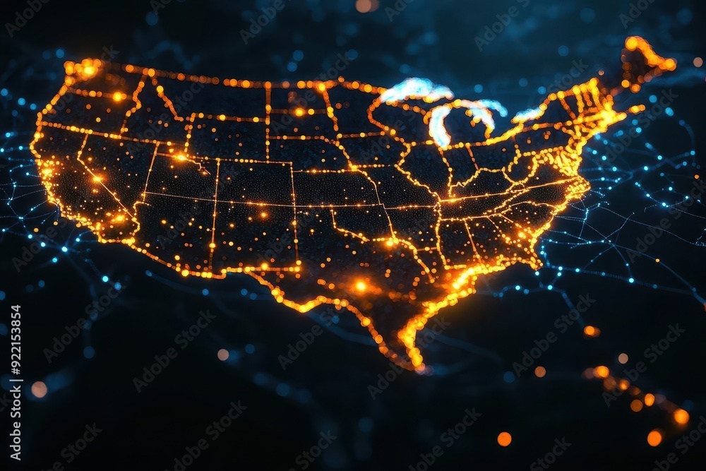 aipowered satellite grid visualization glowing network overlay on stylized usa map showcasing ...