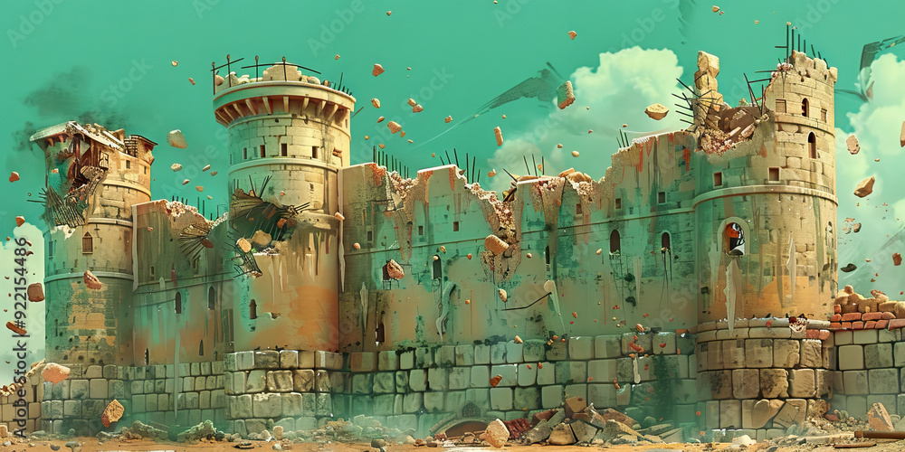 Destruction of the walls of Jericho. Crumbling medieval castle fort ...