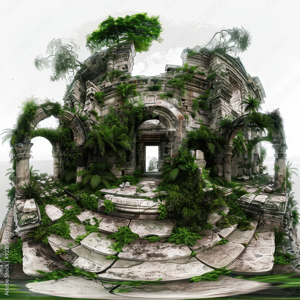 Mystical Ancient Ruins Panoramic View with Overgrown Vegetation in ...