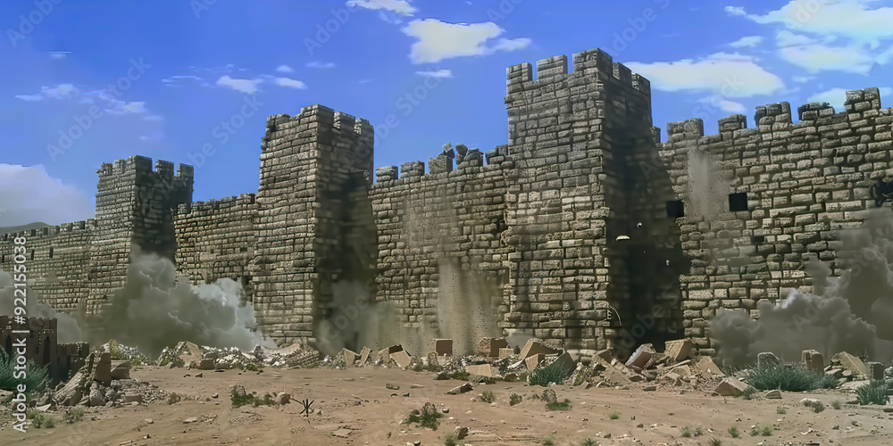 Destruction of the walls of Jericho. Crumbling medieval castle fort ...